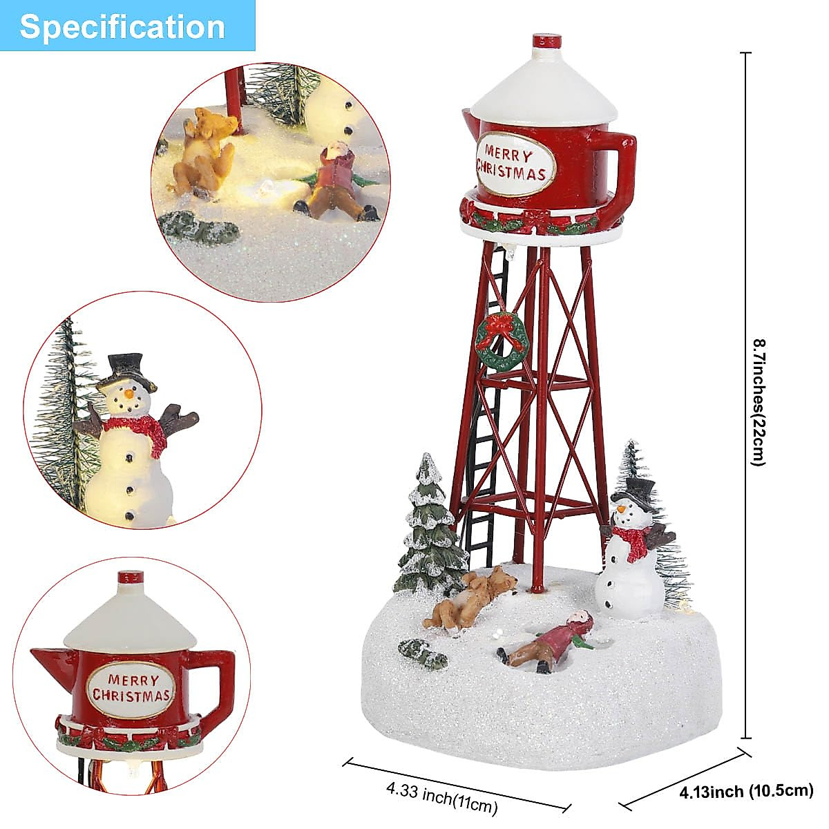 innodept12 New Christmas Village Watertower Lighted Accessories Decorations with Snowman, Dog and Boy Playing on The Ground