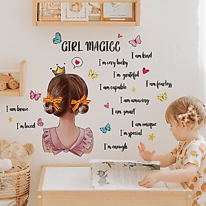 Pinenjoy Girl Magic I am Kind Inspirational Wall Decals Pink Princess Butterfly Wall Sticker Motivational Saying Postive Words Wall Decors for DIY Nursery Baby Kids Bedroom Playroom Classroom