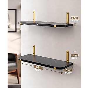 Afuly Black Floating Shelves for Wall, Gold Shelf for Home Decor, 16 inch Wall Mounted Shelves for Living Room Bedroom Bathroom, Modern Luxury Storage Display Marble Shelf