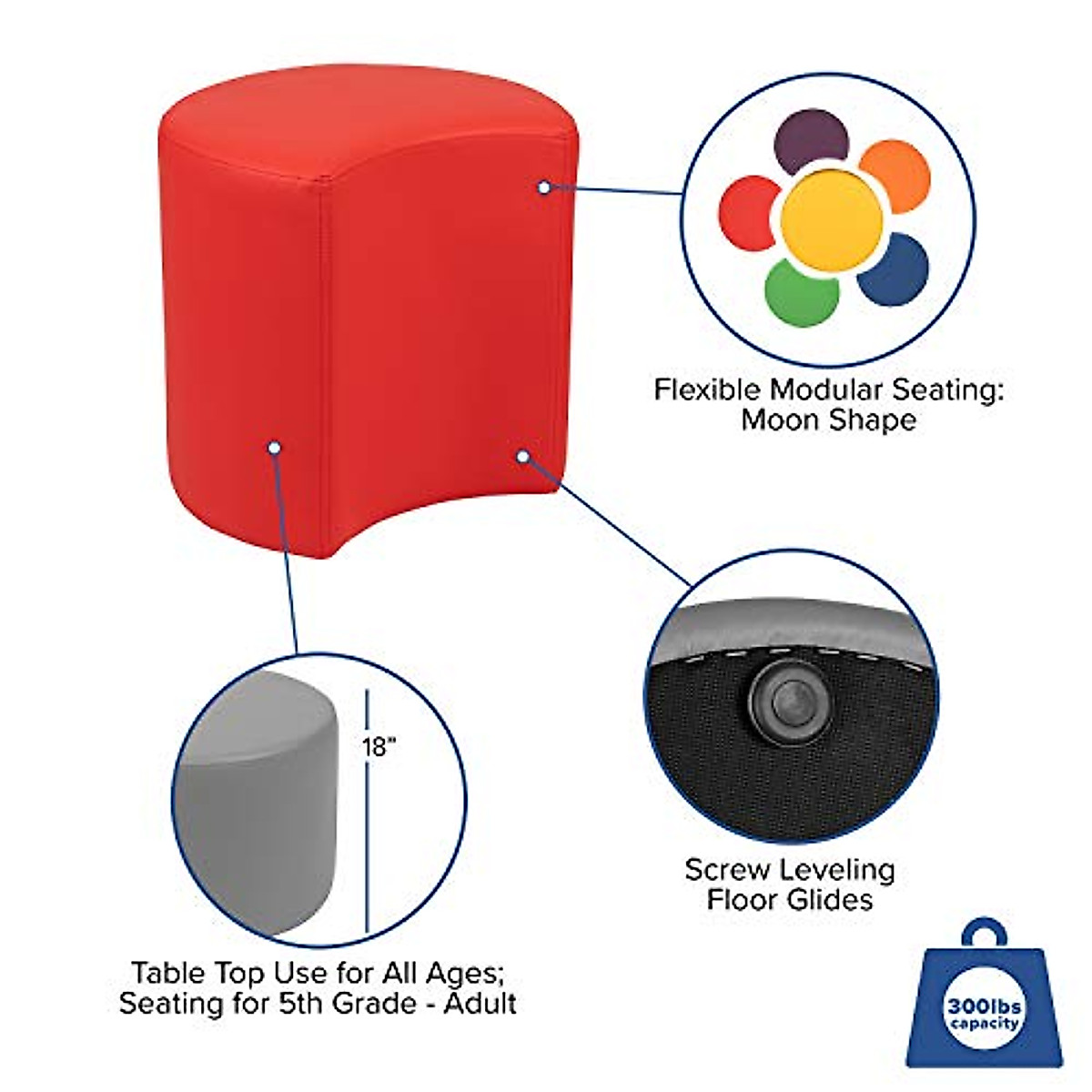 Flash Furniture Nicholas Soft Seating Flexible Moon for Classrooms and Common Spaces - 18" Seat Height (Red)