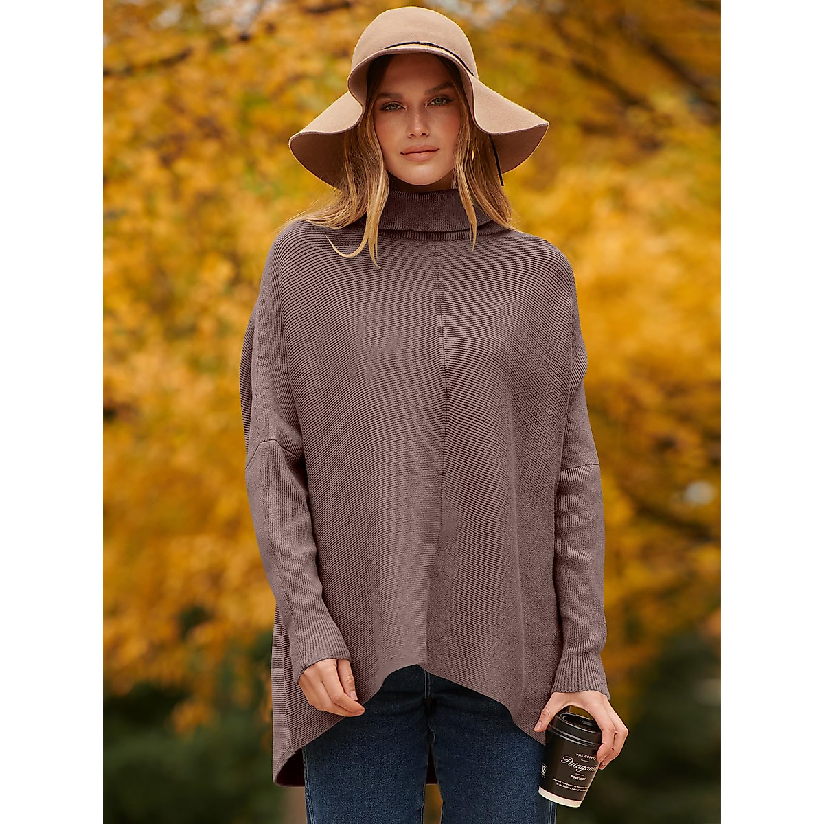 Caracilia Women Turtleneck Batwing Sweaters Oversized Tunic Sweater 2023 Fall Turtleneck High Low Sweater Pullover Knit Jumper Winter Clothes C8A7-doukou-L Brown
