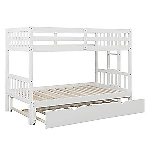 KLMM Twin Over Pull-Out Bunk Bed with Trundle, Wooden Twin Over Twin/Full/Queen/King Accommodate 4 People Extendable Bunk Beds with Ladder and Safety Rail (White)