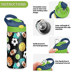 GOODOLD Sports Ball Kids Water Bottle, Insulated Stainless Steel Water Bottles with Straw Lid, 12 oz BPA-Free Leakproof Duck Mouth Thermos for Boys Girls