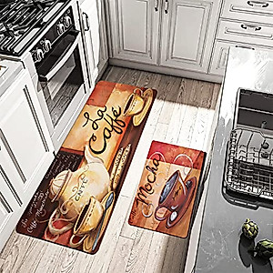 Coffee Kitchen Rugs Anti Fatigue Kitchen Rug Red Mocha Cup Decoration Cushioned Kitchen Mats for Floor Waterproof Non Skid Washable Standing Kitchen Mat, Set of 2,17.3 x 28+17.3 x 47 Inches, PVC