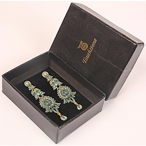 Touchstone Hollywood Glamour Oscar Collection Extra Long Chandelier Earrings, Indian Paisley Motif Filigree Turquoise Blue Rhinestones, Designer Bridal Jewelry, Antique Gold Tone