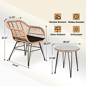 3 Pieces Patio Bistro Set, Patio Conversation Set, Patio Furniture Set, Balcony Furniture, Rattan Chair, Outdoor Rattan Furniture Bistro Set, All Weather Wicker Patio Chairs Set with Table and Cushion