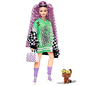 Barbie Extra Doll & Accessories with Crimped Lavendar Hair & Brown Eyes, 15 Toy Pieces Include Pet Puppy