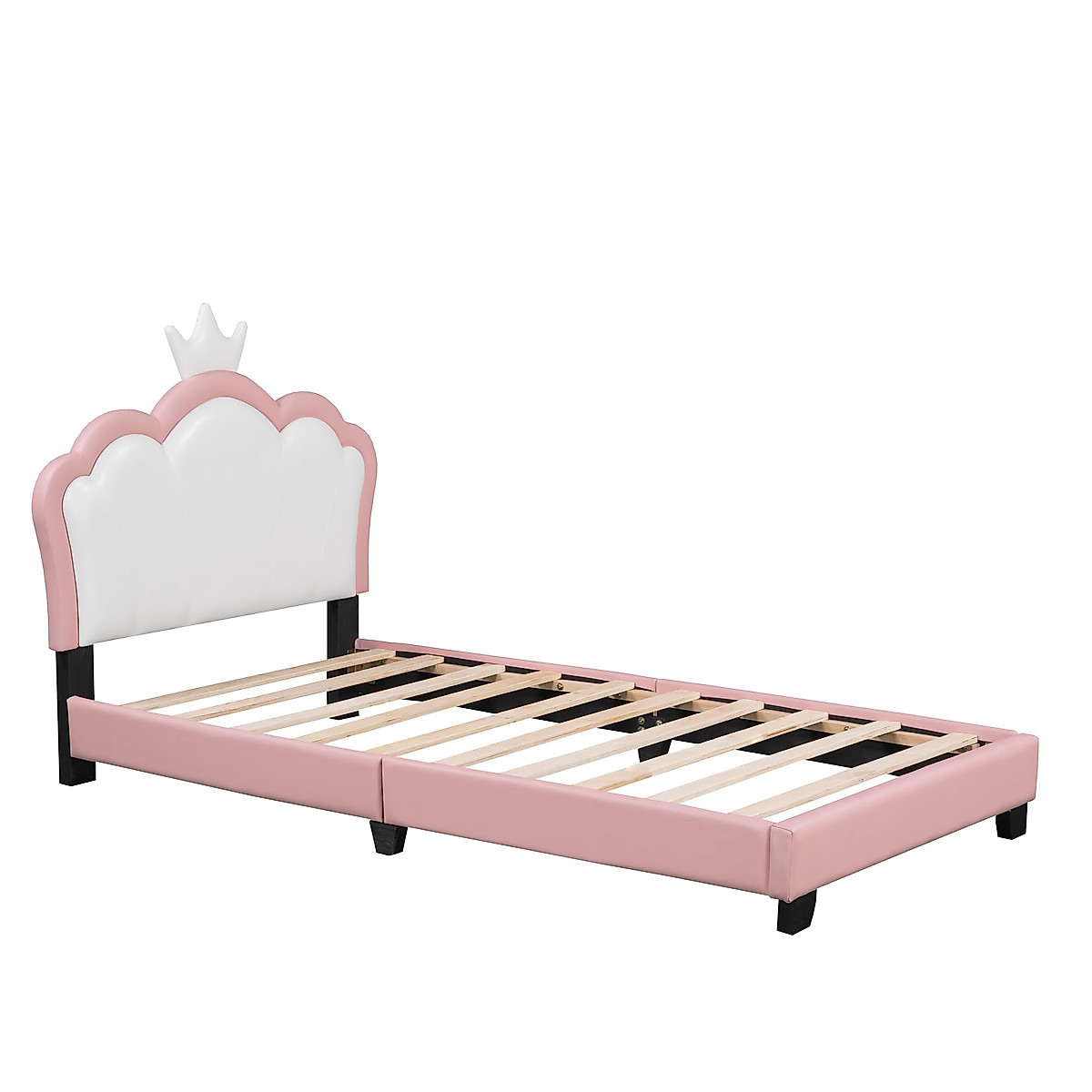 Brabrety Cute Twin Size Upholstered Princess Platform Bed with Crown Headboard and Footboard,for Kids Boys Girls Teens Bedroom Use (White+Pink@Crown, Twin)