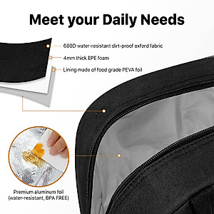 DANIA & DEAN Insulated Lunch Bag, Durable Freezable Lunch Box for Women/Men/Kids Double Zippers Wide Open Tote Bag Leakproof Thermal and Cooler Reusable Lunch Box for Office/School/Outdoor(Black)