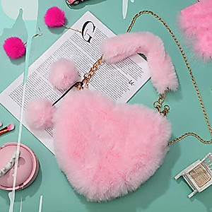 3 Pcs Faux Fur Tank Top Fluffy Heart Handbag Fur Pom Pom Drop Earring Set Furry Purse Pink Crop Tops Gold Chainlink Dangling Earring for Women Girl