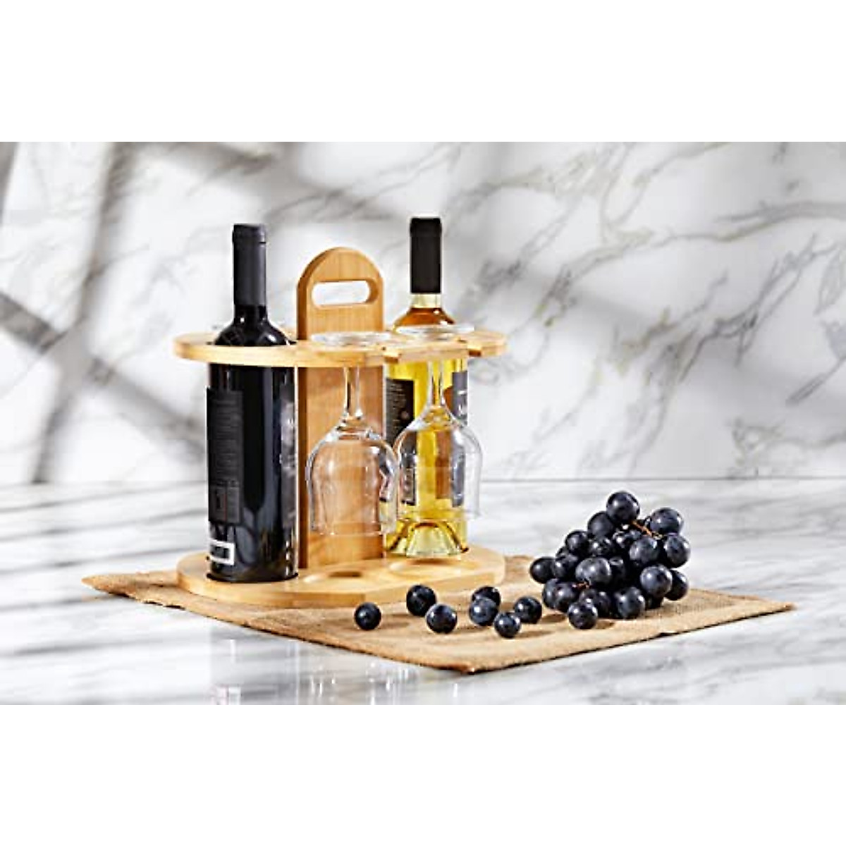 RoyalHouse Bamboo Wine Rack Wooden Wine Storage Set Holds 2 Bottles and 4 Glasses, Easy Assembly Wine Stand, Wine Bottle Holder and Glass Hanger Drying Rack