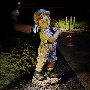 Floryden Solar Boy Statue, Garden Boy Statues with Solar Powered LED Light for Garden, Patio, Lawn, Yard, Housewarming, Thanksgiving, Arbor Day, Hand-Painted Sculpted Figure, 17.5”H Resin
