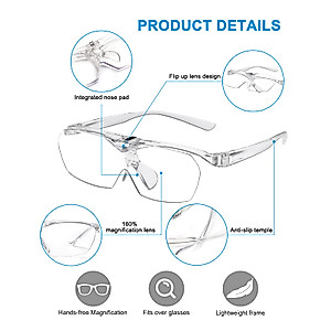 OKH 160% Magnifying Glasses, Flip Up Down Lens, Hands-Free Magnifier Eyeglasses for Close Work, Reading, Sewing, Jewelry Making, Craft, Hobby, Painting