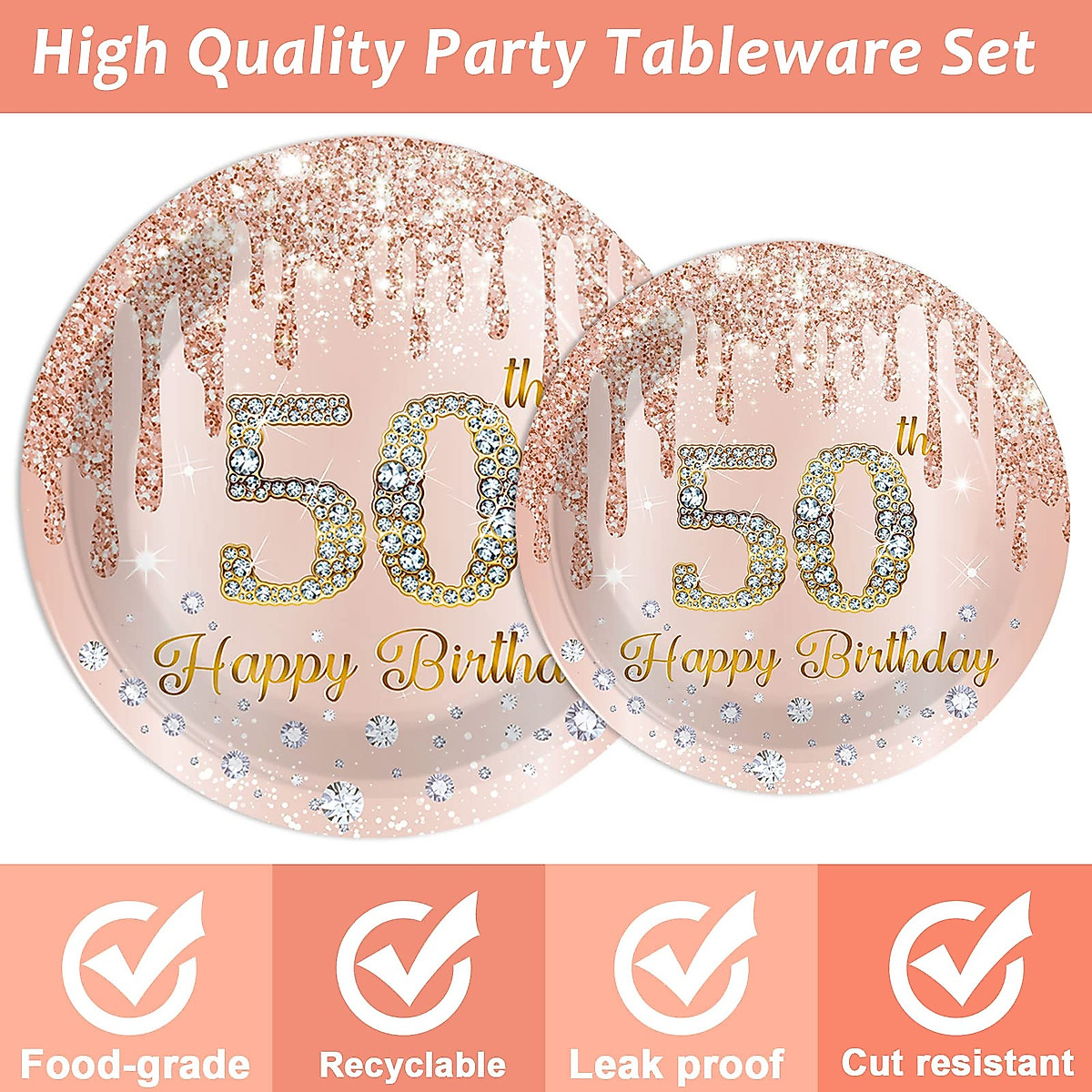96 Pieces 50th Birthday Tableware Set for Pink Rose Gold 50th Birthday Table Decorations Supplies Pink Rose Gold Happy 50 Birthday Dessert Plates Napkins Forks for 24 Guests Women Birthday Supplies