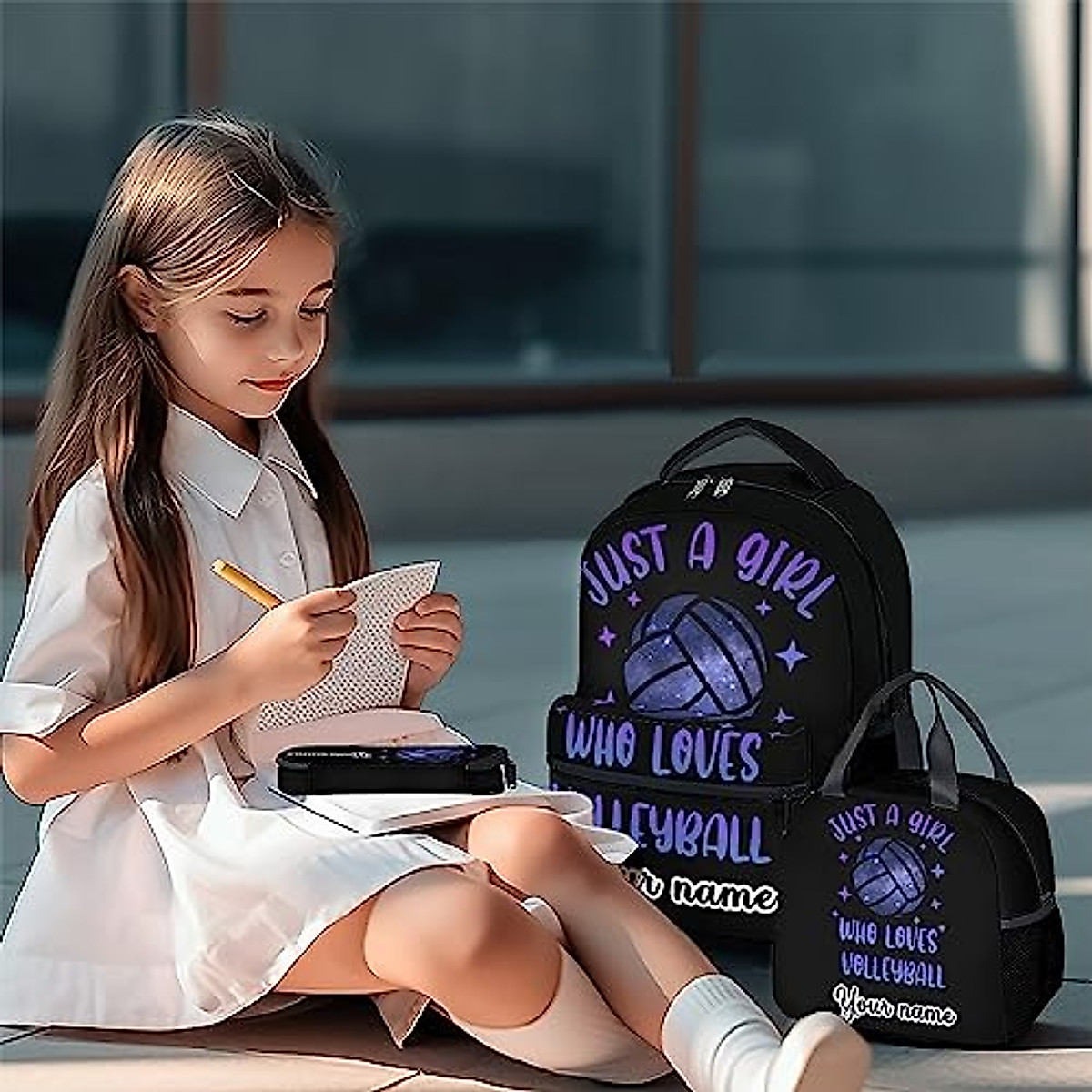 Personalized Volleyball Backpack with Lunch Box And Pencil Case Set, 3 in 1 Matching Teen Girls Purple Backpacks Combo, Sports Bookbag And Pencil Case Bundle