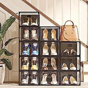 JOISCOPE 12 Pack Shoe Storage Boxes, Fit up to US Size 13, Clear Plastic Stackable Shoe Organizer for Closet, Space Saving Foldable Shoe Containers Bins Sneaker Container, Black