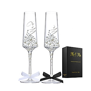 Personalized Mr and Mrs Wedding Champagne Flutes with Long Stem,Handcraft Bridal Shower Gift,Cute 7oz Bride and Groom Toasting Glass Set of 2, Unique Gift for Anniversary, Engagement Gifts for Couples