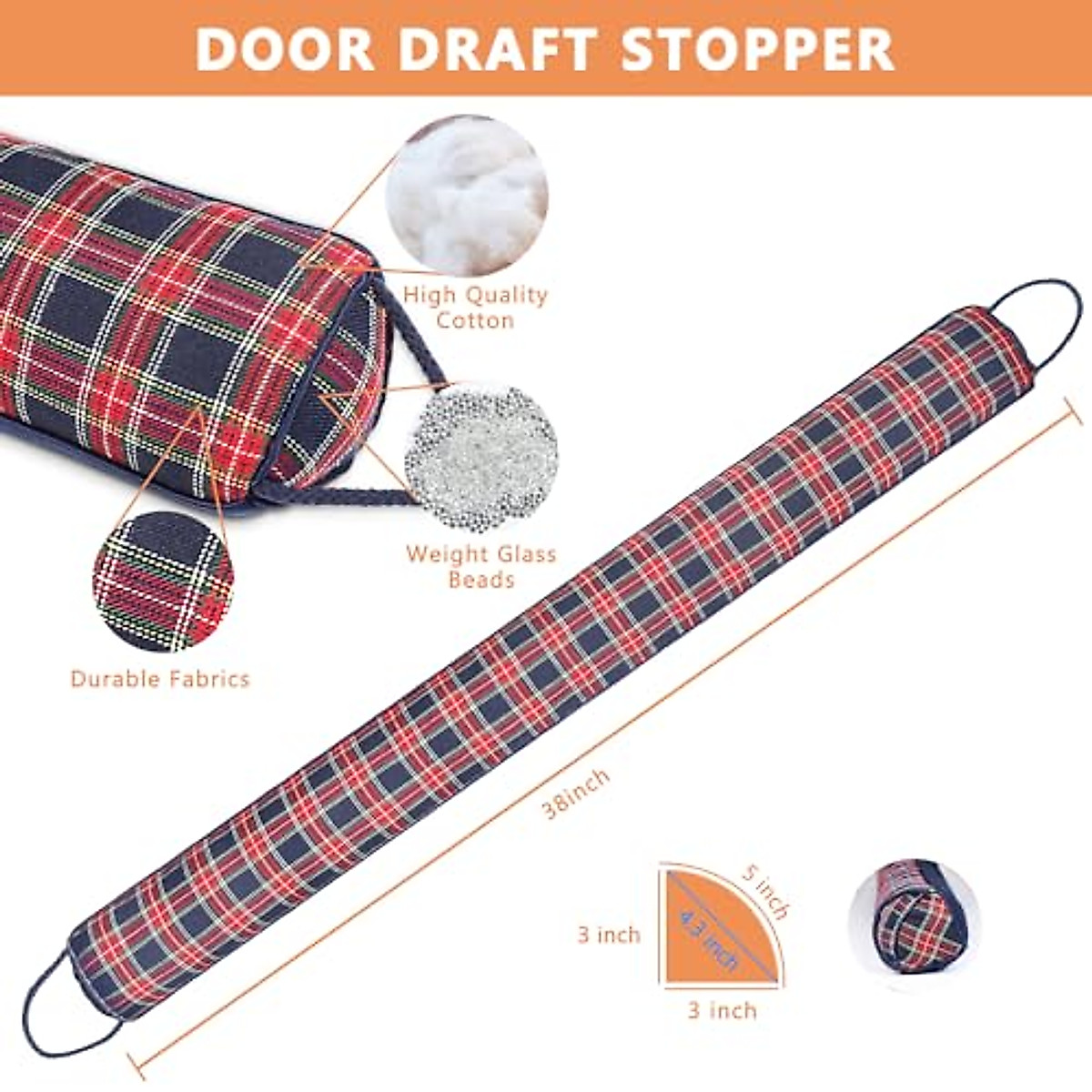 Triangle Under Door Draft Stopper 37 Inches Noise Blocker for Door Bottom Air Seal Insulation and Soundproof, Heavy Duty Weather Guard Snake Stripping, Tartan Check Navy Blue Red