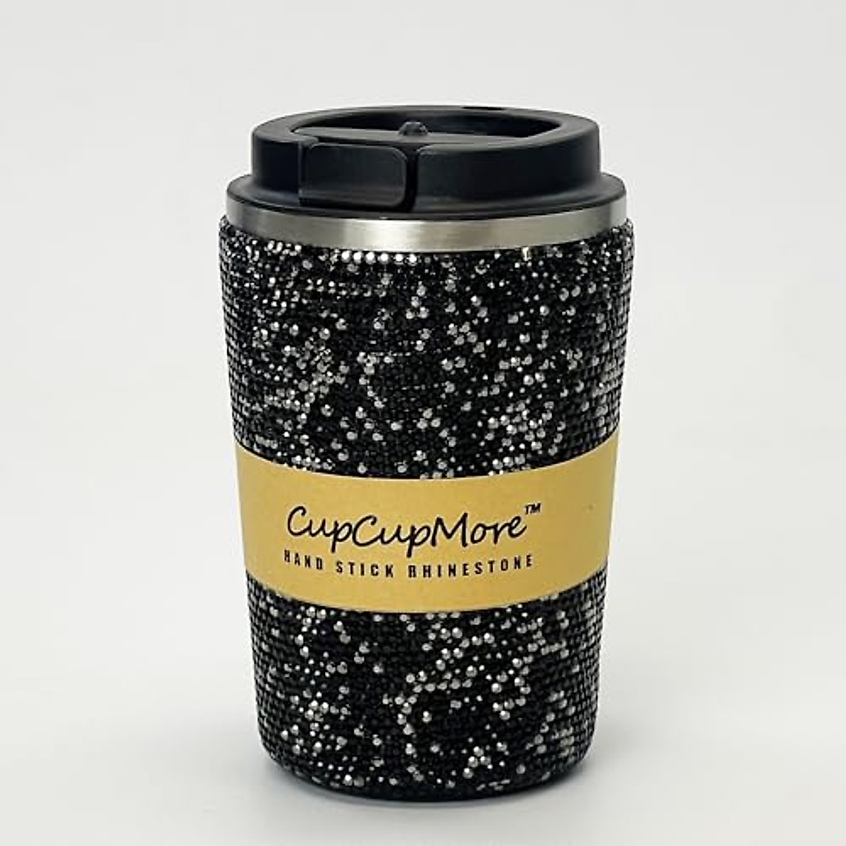 Cupcupmore 12 oz Bling Black Rhinestone Stainless Steel Coffee Tumbler,Shiny Travel Insulated Coffee Mug with Lid, Reusable Spill Proof Coffee Cup,Portable Thermal Mug for Hot and Cold