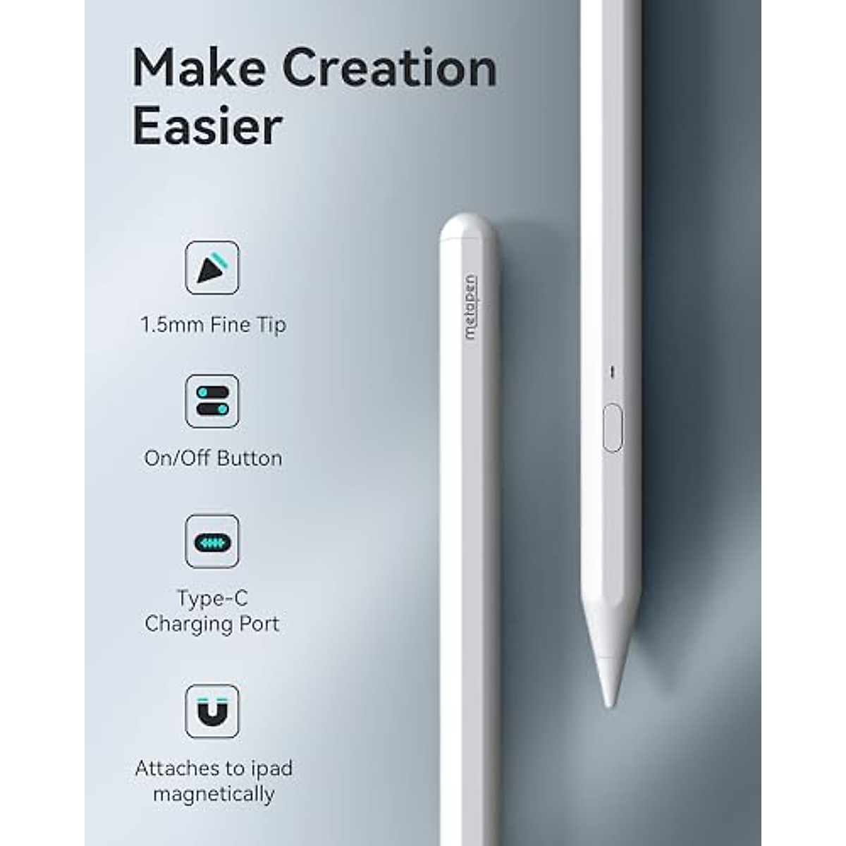 Metapen A11 Pencil for iPad 2018-2024, Faster Charge Pen for Apple iPad, Stylus Pen for iPad Air 3/4/5/M2, iPad Mini 5/6, iPad 6/7/8/9/10, iPad Pro 11"/12.9"/M4/Tilt sensitivity/Quick Button/Bluetooth