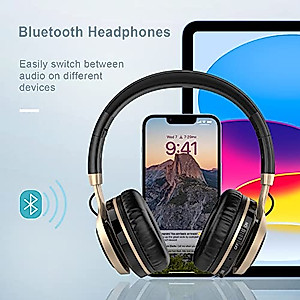 BASEMAN Wireless Bluetooth Headphones Over Ear, Long Battery Life Stereo Deep Bass Headset with Mic Wireless and Wired Headphones for iPhone Computer TF Card Slot Teens Boys Men Adults - Black Gold