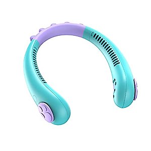 Trakxy Portable Neck Fan for Kids, Rechargeable Battery Powered Personal Mini Fan, Cartoon Headphones and Handsfree Wearable Design Kids Neck Fan for Children Sports, Studying, Playing-Blue