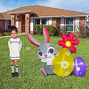 BLOWOUT FUN 5ft Inflatable Easter Bunny with Flower and Egg Decoration, LED Lighted for Indoor Outdoor Blow Up Lawn Yard Decor