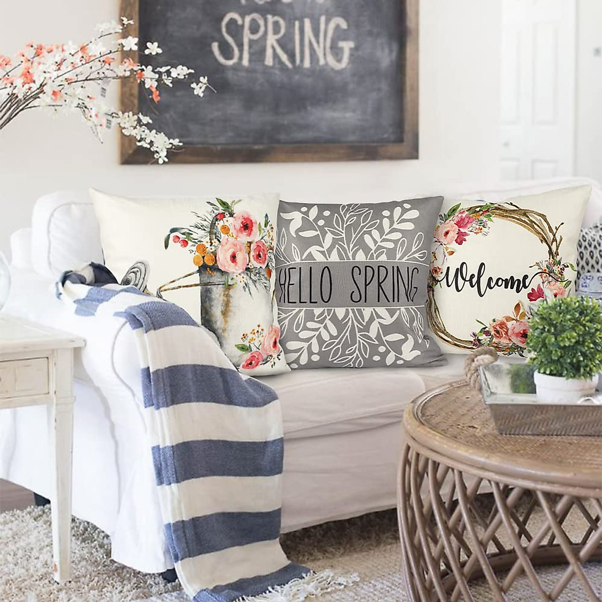 YGEOMER Farmhouse Pillow Covers 18x18 Set of 4, Gray Spring Pillow Covers, Farmhouse Flower Decorative Summer Throw Pillow Covers, Outdoor Home Decor