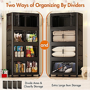 QAVABIN 160Gal/640Qt Large Storage Bins with Lid/Wheels/Doors/Dividers - 4 Tier Foldable Stackable Plastic Drawers, Extra Large Collapsible Cabinets Containers, Closet Organizers, Garage Totes, Black