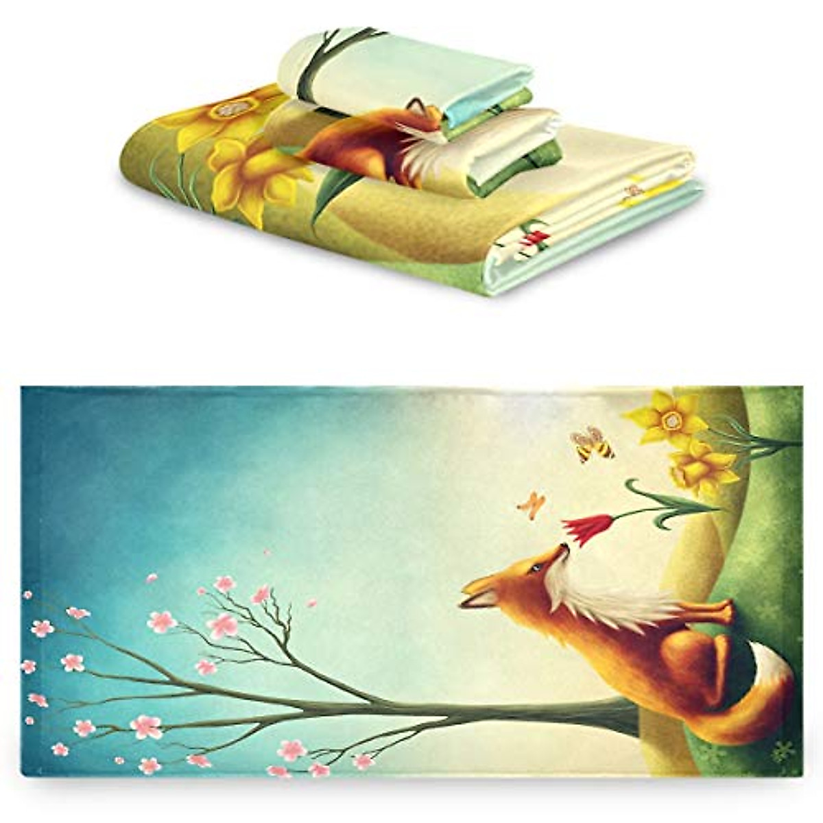 Naanle Spring Little Red Fox with Flowers Butterfly Soft Luxury Decorative Set of 3 Towels, 1 Bath Towel+1 Hand Towel+1 Washcloth, Multipurpose for Bathroom, Hotel, Gym, Spa and Beach
