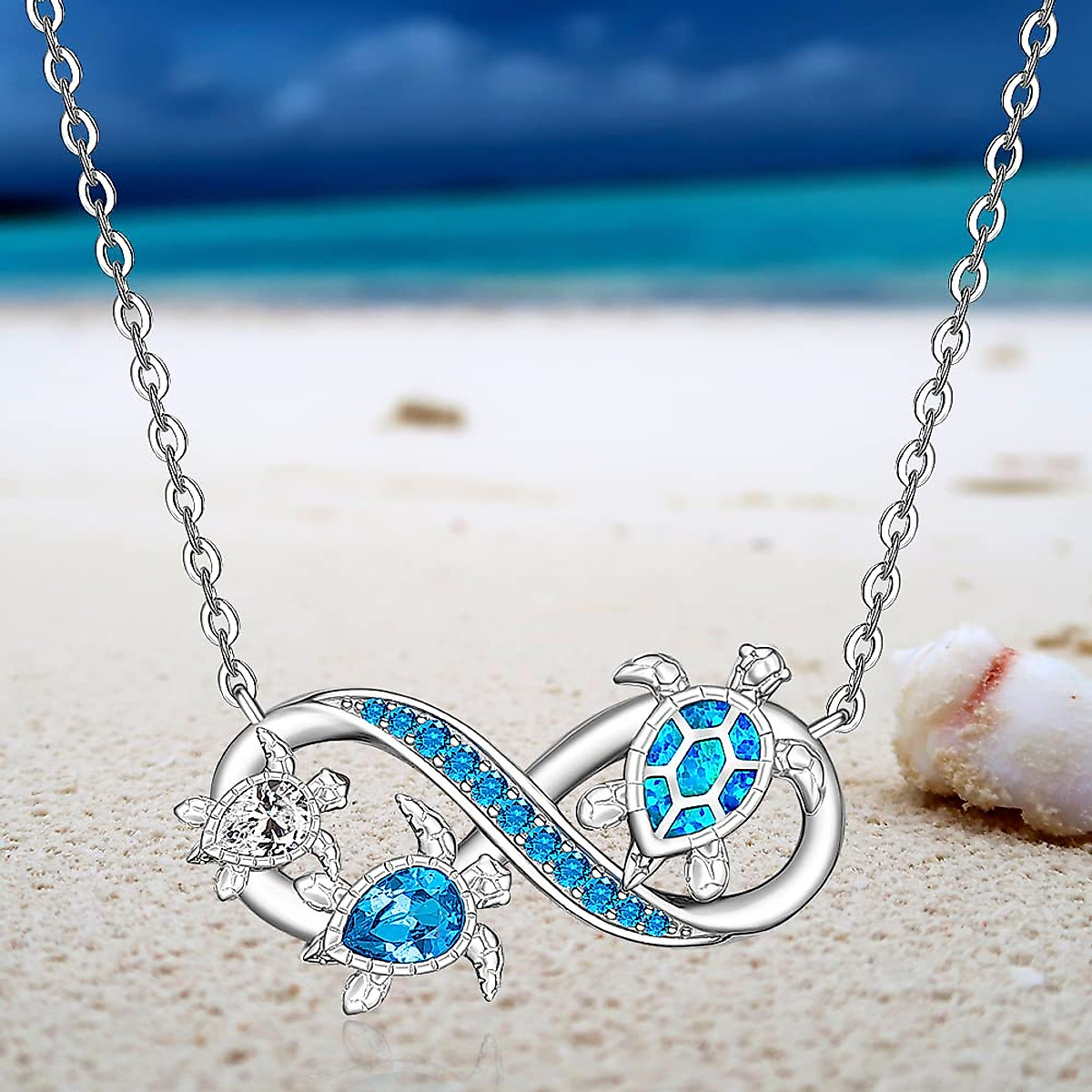 Turtle Necklace for Women Mom Sterling Silver Sea Turtle Pendant Infinity Mother and Daughter Necklaces Blue Opal Tortoise Ocean Wave Jewelry Mothers Day Gifts