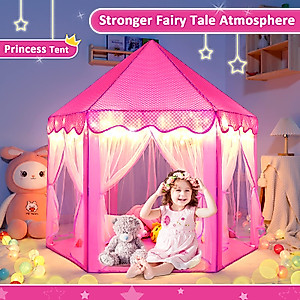 Princess Castle Play Tent for Girls: Sumerice Girls Play Tent with Lights - Pink Kids Playhouse Tent Indoor Outdoor Games - Hexagon Children Play House Fairy Tent Toys Toddler Gifts