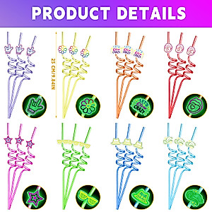 Gerrii 24 Pcs Glow in the Dark Party Favors Crazy Straw with 24 Luminous Toppers Reusable Twisty Straws Plastic Swirly Straws for Kids Neon Party Supplies Theme Birthday Drinking Decorations, 8 Styles