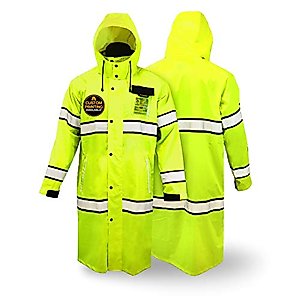 KwikSafety - Charlotte, NC - TORRENT High Visibility Rain Gear - FOLDABLE HOOD - Class 3 ANSI OSHA Reflective Waterproof Trench Safety Jacket/XL