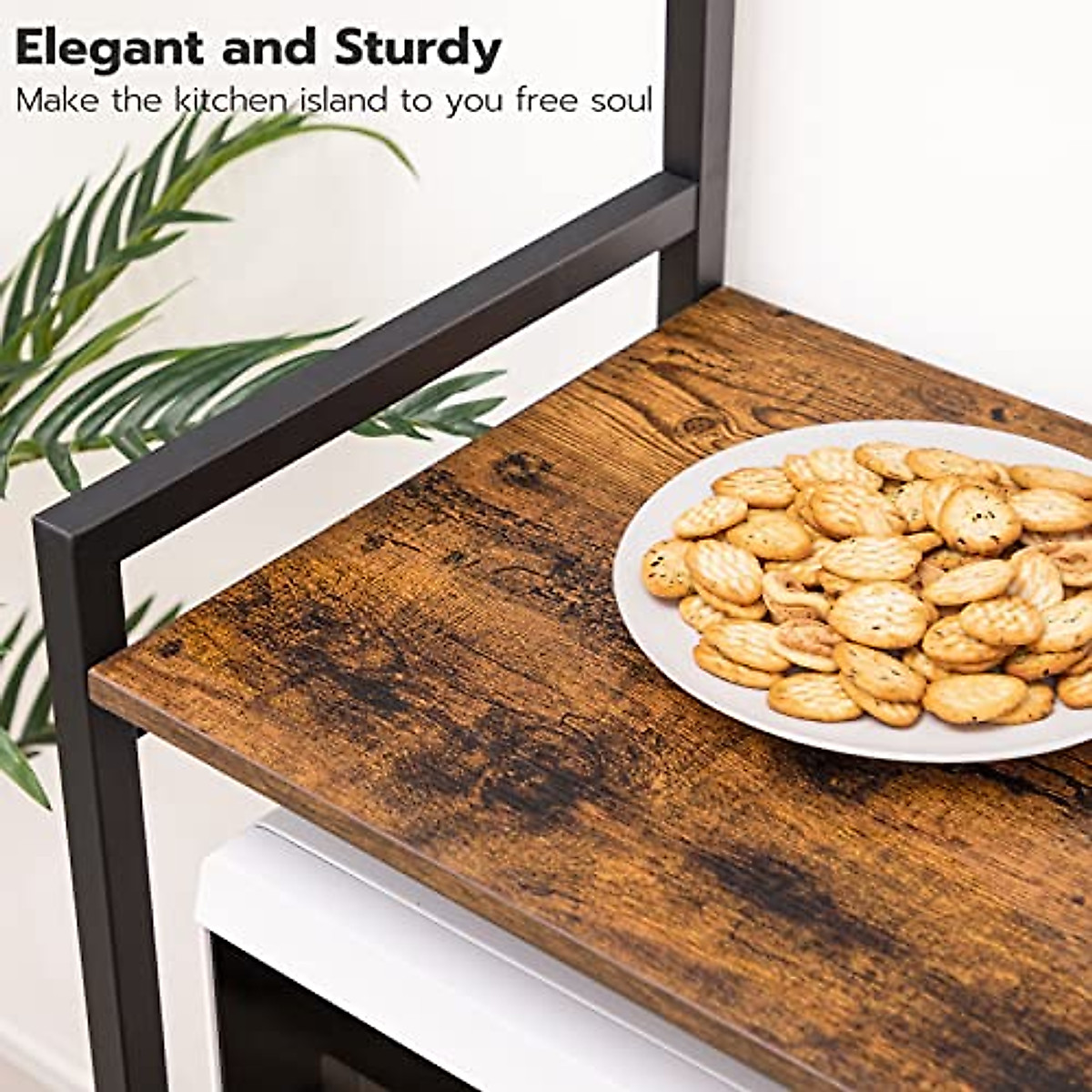 HOOBRO Bakers Rack for Kitchen, 4 Tier Microwave Stand with Storage, Multifunctional Baker's Rack with 8 Hooks, Wooden Kitchen Storage Shelf, Stable Metal Frame, Easy Assembly, Rustic Brown BF04HB01