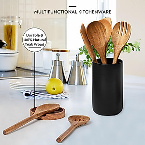 Lanzo Design Kitchen Utensil Set, 8 pcs Wooden Cooking Utensils Spatula Set with Ceramic Holder (Black Holder)
