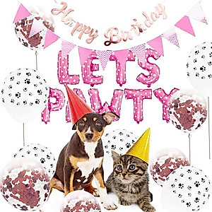 Esweny Dog Cat Birthday Party Supplies,Dog Paw Print Balloons Sequined balloon,Lets Pawty Balloons, Happy Birthday Banner Foil Balloons Pet Party Decoration