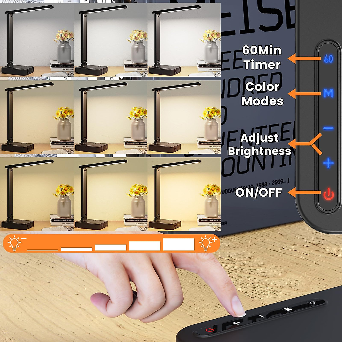 Wood LED Desk Lamp with 3 USB Charging Ports and 2 AC Outlets,3 Color Temperatures & 3 Brightness Levels, Touch/Memory/Timer Function,10W Eye Protection Foldable Reading Light,Office Table Lamp Wood