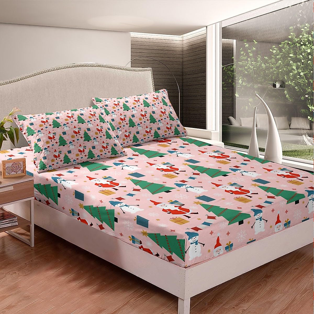 Kids Merry Christmas Tree and Snowman Fitted Sheet Twin Size Xmas Deer Elk Decor Bed Sheet Set for Boys Girls Teens Bedroom Decor Snowflake Bedding Set Women Men Bed Cover with 1 Pillow Case