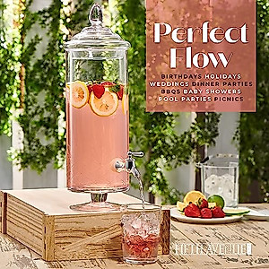 Fifth Avenue Crystal Beverage Dispenser for Countertop - 1 Gallon Large Glass Drink Dispenser w/Spigot & Lid - Party Drink Dispenser for Sweet Tea Lemonade Punch Water, Juice Dispensers for Parties