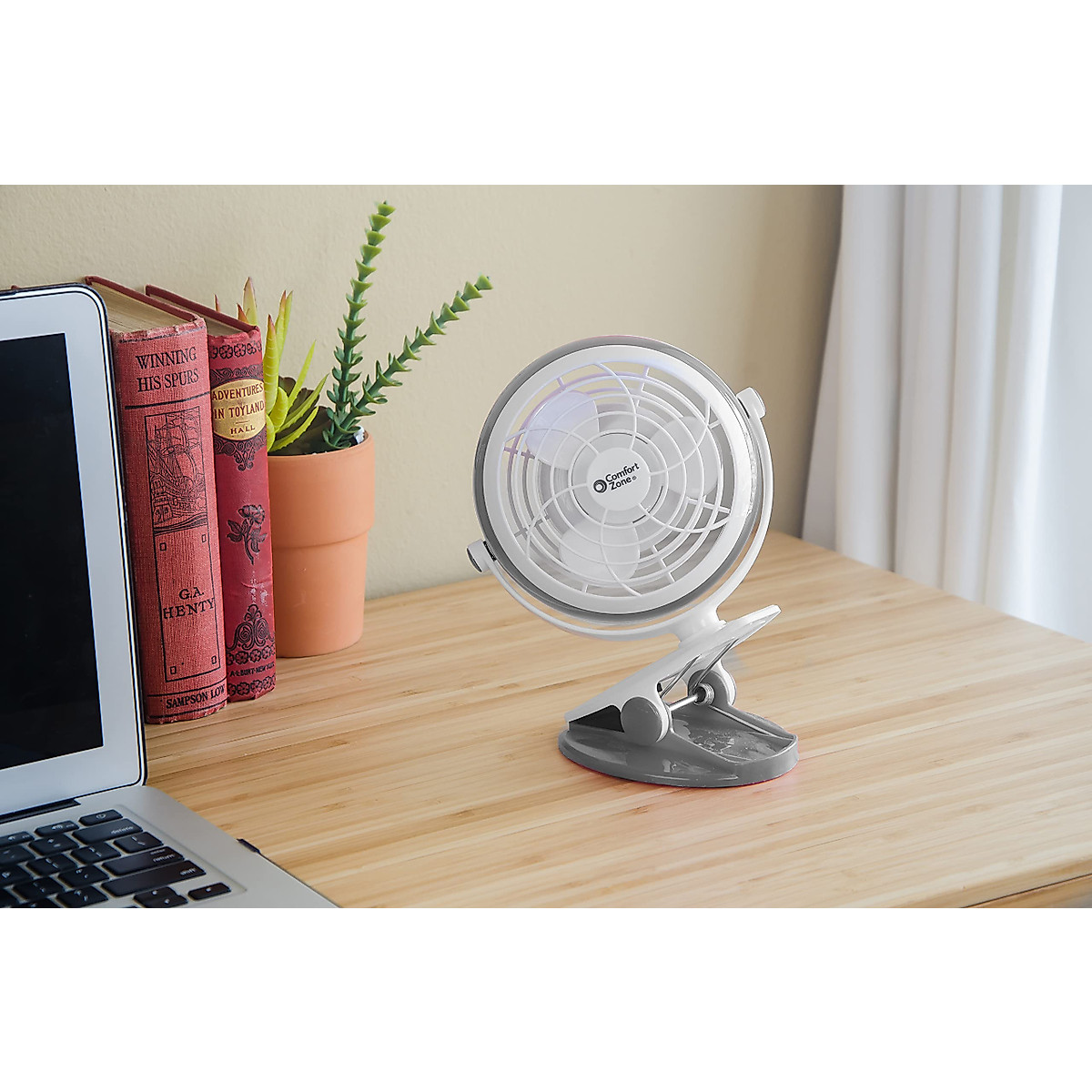 Comfort Zone Dual Base Combo Clip or Desk Fan, USB or Battery Powered, 4 inch, Single Speed Setting, Adjustable Tilt, Lightweight, Ideal for Home, Bedroom, Office, or Dorm, CZBT4GR