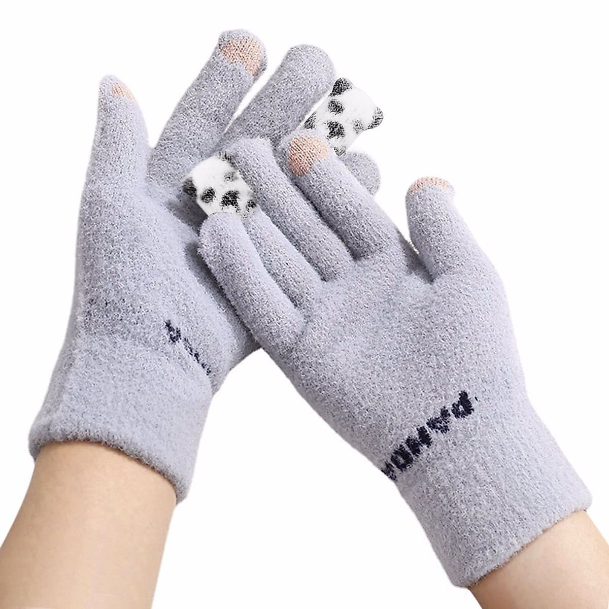 OhMill Touch Screen Cute Knitting Soft Gloves Lovely Panda Gloves for Cold Winter Windproof Cycling Hiking Running Gloves (Grey)