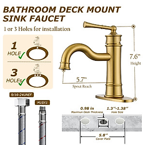 WINKEAR Roman Bathroom Sink Faucet Brushed Gold Single Hole Deck-Mount Pop-up Drain Assembly with Overflow Deck Plate and Water Supply Lines Included
