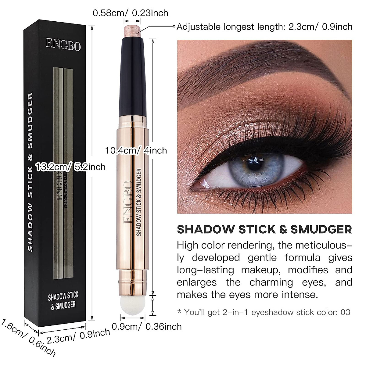 LOKFAR Eye-Shadow Stick Makeup Cosmetics Eye Brightener Stick, Rotatable Cream Eye Shadow Pencil, Glitter Shimmer Eyeshadow Stick with Soft Brush for Eye Makeup (03# Rose Gold Shimmer)