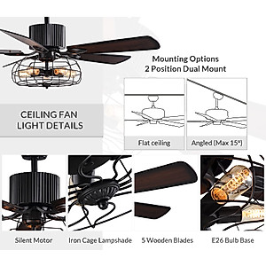 NOXARTE 52 inch Farmhouse Industrial Ceiling Fan with Light and Remote, Vintage Black Cage Fandelier, 5 Reversible Blades Chandelier Fans Light Kit for Bedroom Living Room, Quiet Motor