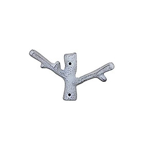 Handcrafted Nautical Decor Whitewashed Cast Iron Forked Tree Branch Decorative Metal Double Wall Hooks 5"