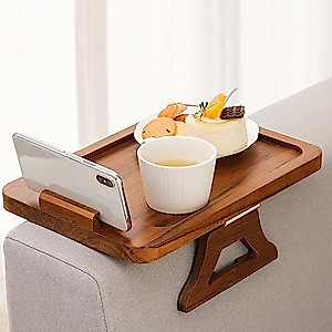 GEHE Acacia Wood Couch Arm Table, Folding Sofa Arm Table with 360 Rotating Phone Bracket, Wooden Couch Arm Tray for Small Spaces, Sofa table for Eating and Drinking, Back Non-slip Pad