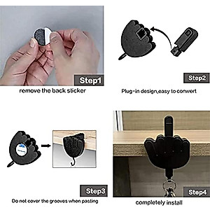 Middle Finger Key Holder Hanger, Funny Gift Key Hook, Self Adhesive Wall Retractable Key Holder for Home Decor Office 【Black / 1 Pack】