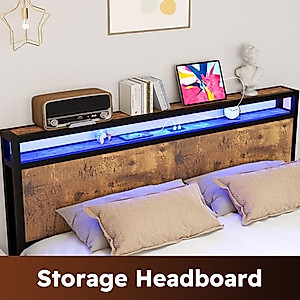 Kiivakii Full Bed Frame with Headboard Storage, LED Platform Bed with USB Ports for Bedroom Farmhouse, Heavy Duty, Wooden Board Decoration, Noise Free No Box Spring Needed, Rustic Brown
