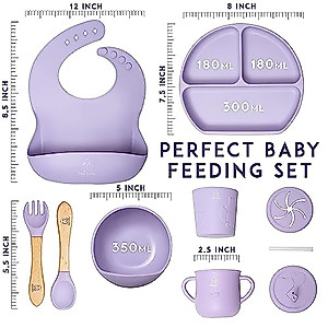 Digi Baby 7 Piece Complete Feeding Set, Led Weaning Supplies, Boy-Girl Silicone Utensils, Toddler Suction Plate-Bowl, Adjustable Bib, Snack Cup with Lid, Water Cup, Fork-Spoon, Eating Purple
